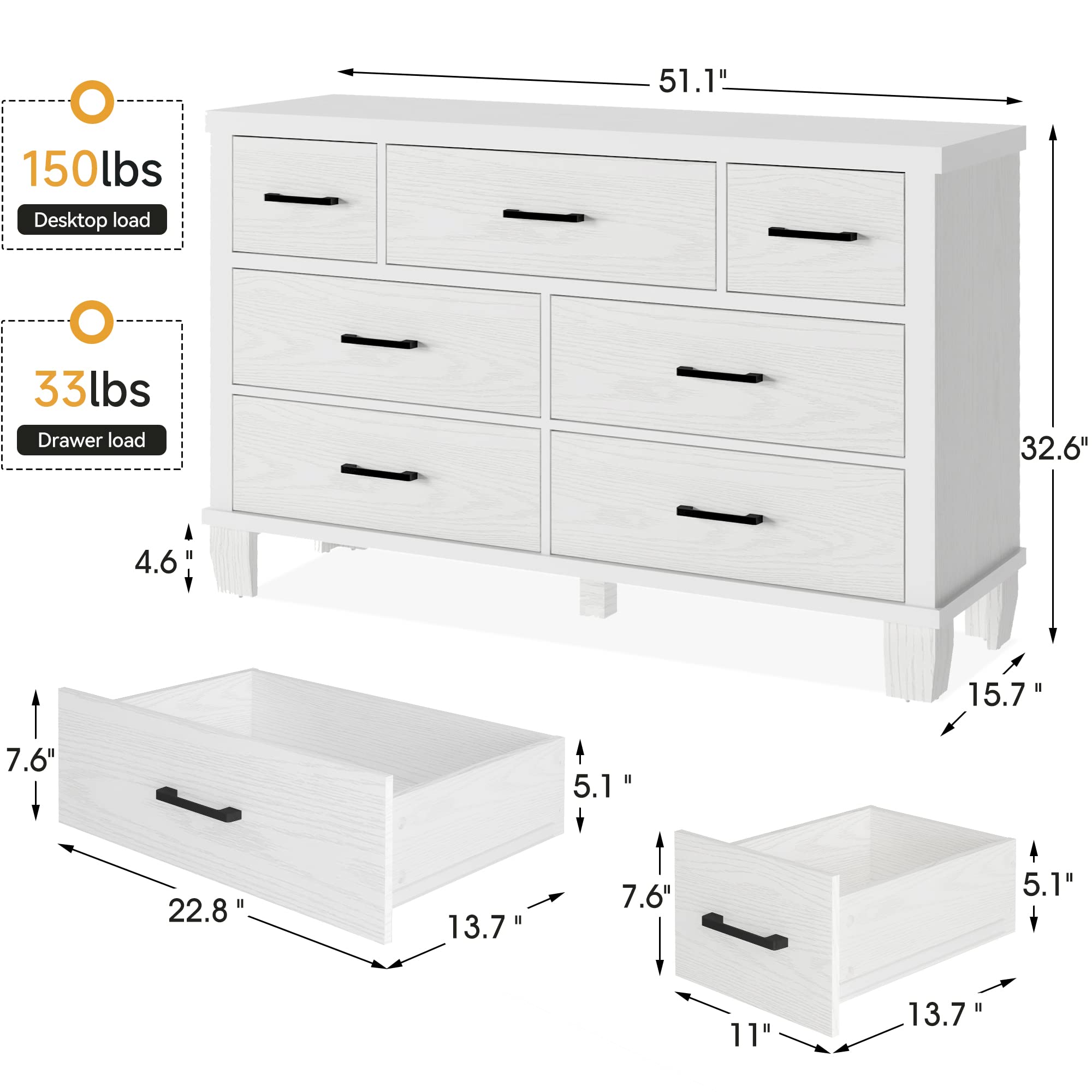 IDEALHOUSE Dresser for Bedroom with 7 Drawers, Modern Chest of Drawers Closet with Metal Handle, Wooden Dresser Organizer, for Bedroom, Living Room, White