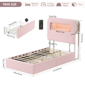 HOSTACK Twin LED Bed Frame with Storage Headboard and Charging Station, Girls Bed Frame with 2 Drawers and USB Ports, Velvet Upholstered Platform Bed Frame with Bookcase, No Box Spring Needed, Pink