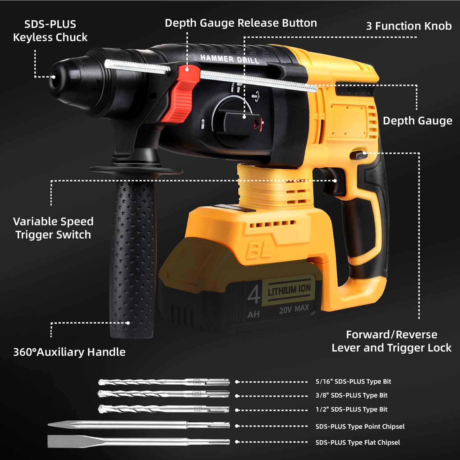 Rotary Hammer Drill Compatible with Dewalt 20V MAX Battery(NO Battery) SDS-Plus Rotary Hammer Drill with Heavy Duty Safety Clutch,3 Functions and 5 Drill Bits for Concrete, Masonry, Wood, Metal