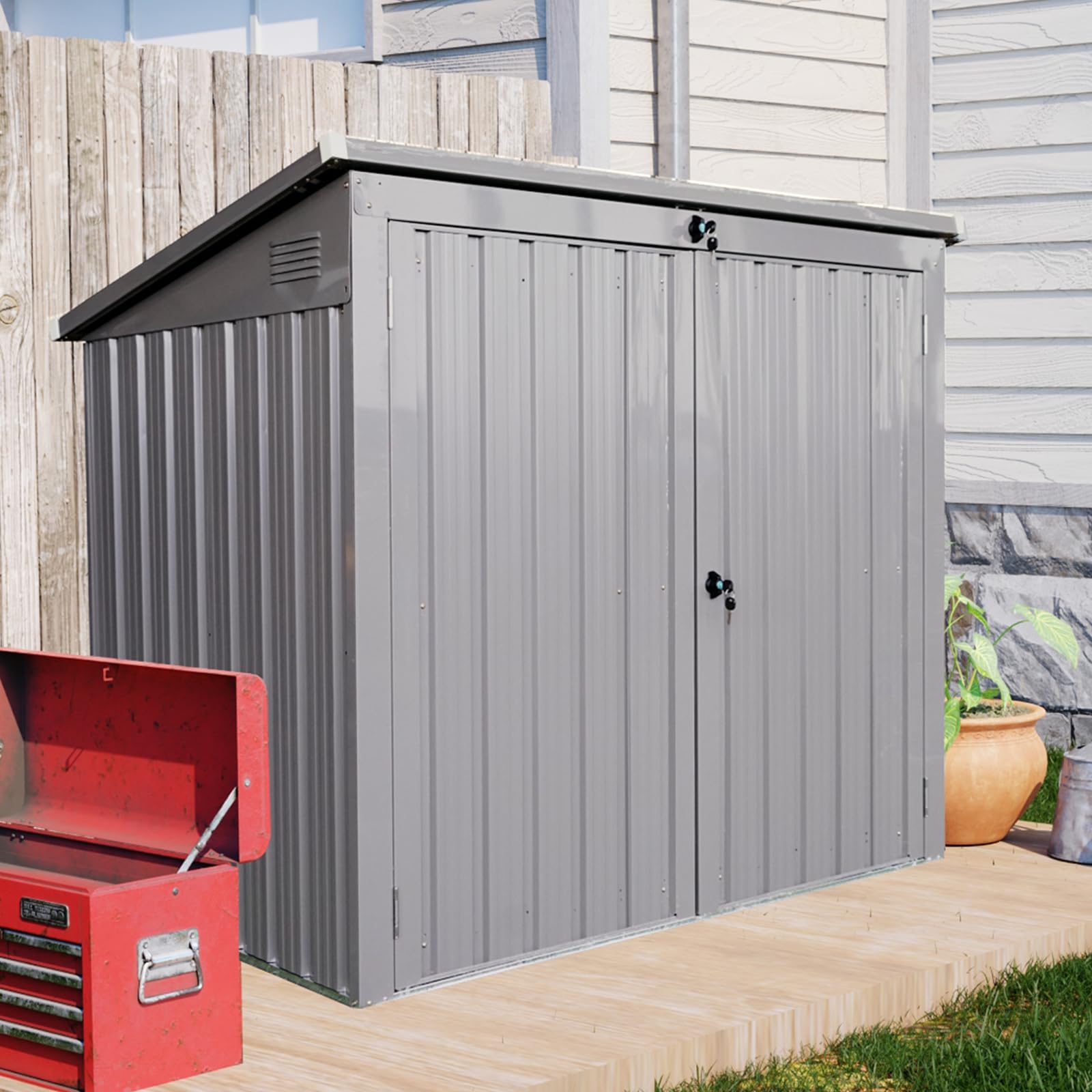 Outdoor Trash Can Storage, Storage Shed for 2 Trash cans and Tools, Waterproof Garbage Bin shed, Metal Trash Can Storage Shed Outdoor for Garden Yard (Grey)