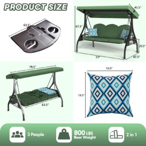 ZZW 3 Seat Outdoor Porch Patio Swing 800lbs 2-in-1 Patio Swing Glider Chair with Adjustable Canopy & Removable Cushion Outdoor Adult Swing with Stand for Yard Porch Garden Deck (Green, Square Tube)