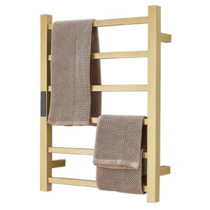 heated towel warmer rack, wall mounted electric towel rail with temperature adjustment & timer, 6 bars stainless steel drying racks, gold