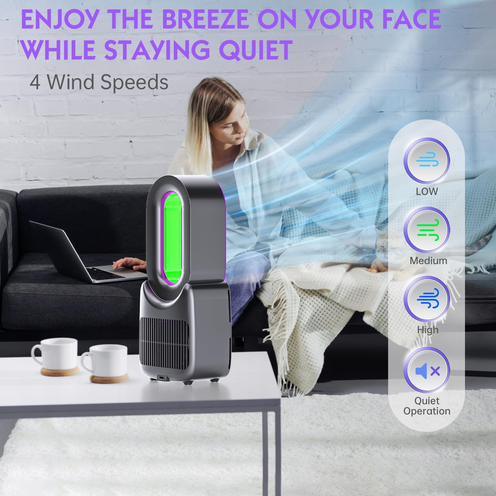 Misby Rechargeable Battery Operated Desk Fan, USB Bladeless Table Fan of 11.8 Inch with 5-color LED Light, Easy to Clean & Touch Control, Purple Desk Fans Small Quiet for Bedroom, Home, Office