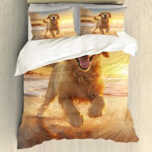 AQYAPTOIY Golden Retriever Duvet Cover for Bedroom Beach Comforter Cover King Size,Bed Covers for Living Room Aesthetic Bedding 3 Pcs Set for Dorm Quilt Cover Blanket Cover for Home