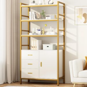 71" tall bookshelf with storage cabinet, bookcase with doors, inter adjustable shelf, 3 wooden drawers, 4 tier open shelves, modern display rack for living room, kitchen, home office, white and gold