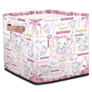 xiobodr personalized storage bin, cute elephant clouds text pink custom name storage baskets for organizing with handles, 13 x 13 inch collapsible storage box for closet cloth baskes toy