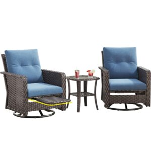 hwb 3 piece outdoor patio furniture set padded rocking chair with retractable footrest, bistro table and chairs set of 2, swivel glider rocker chair couch with cushions for front porch balcony garden