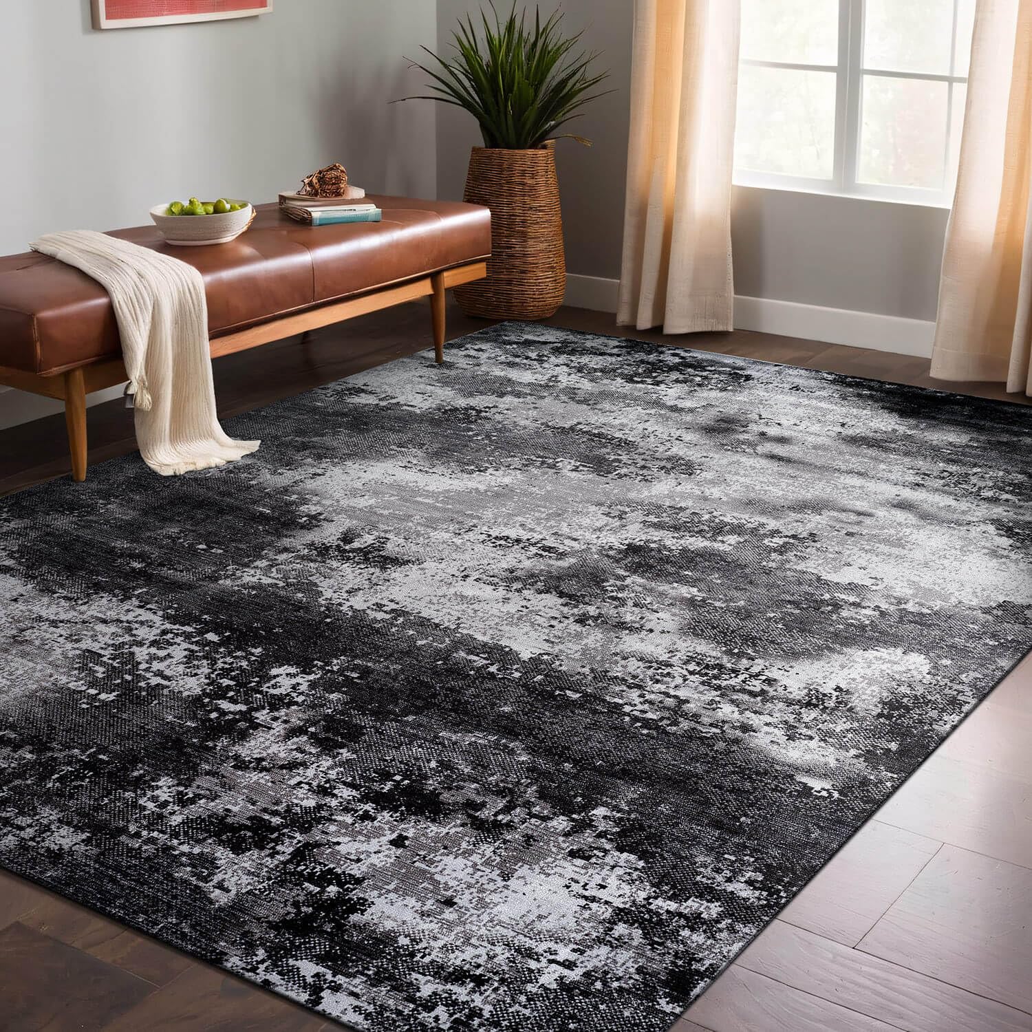 LuuL Home Non Slip Rugs 5x7 Modern Abstract Easy Silk Rubber Backing Soft Area Rug for Living Room Easy to Clean Non Shedding Kitchen for Bedroom Indoor Carpet (Gray - Black, 5x7)