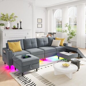 fomney sectional couches for living room, led modular sectional sofa with charging station, 6 seats u shaped couch with storage, ottomans, 6 pieces set sectional couch grey sofa couch