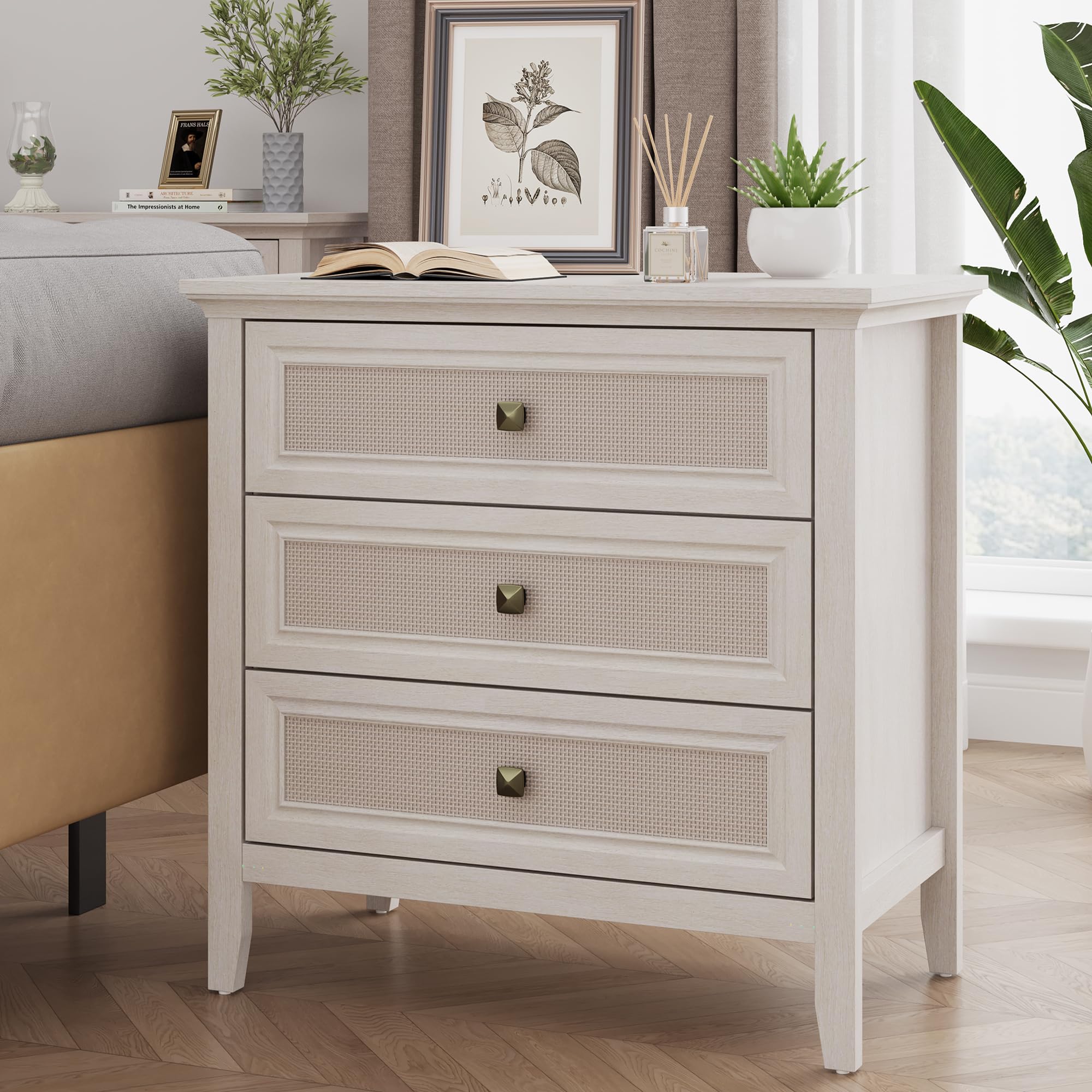 RoyalCraft White Dresser for Bedroom Set of 2, Boho Tall Dresser with 3 Rattan Decorated Drawers, Modern Wood Chest of Drawers for Closet, Living Room, Hallway, Entryway