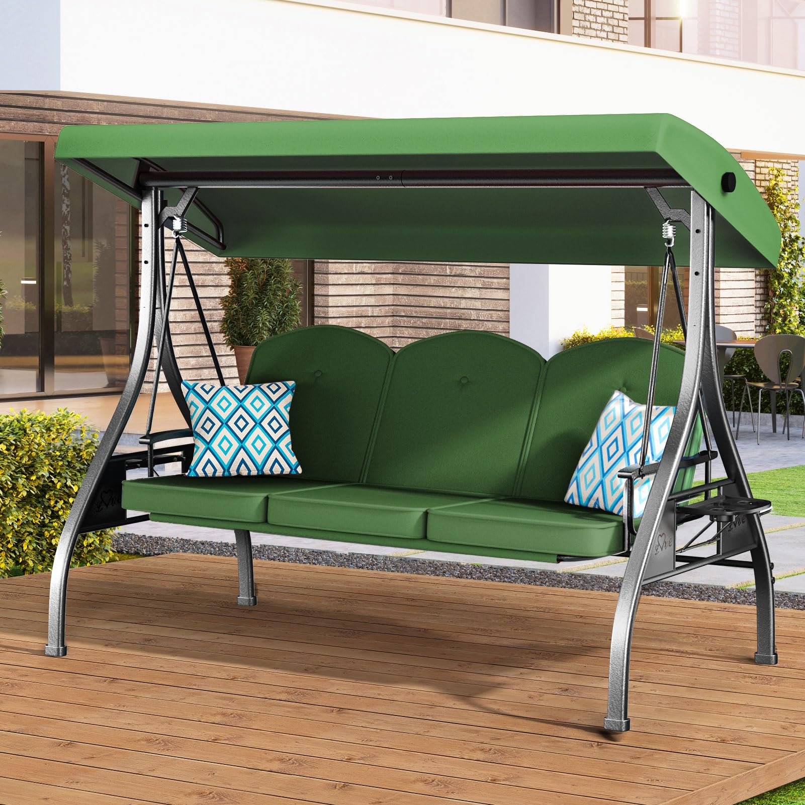 ZZW 3 Seat Outdoor Porch Patio Swing 800lbs 2-in-1 Patio Swing Glider Chair with Adjustable Canopy & Removable Cushion Outdoor Adult Swing with Stand for Yard Porch Garden Deck (Green, Square Tube)