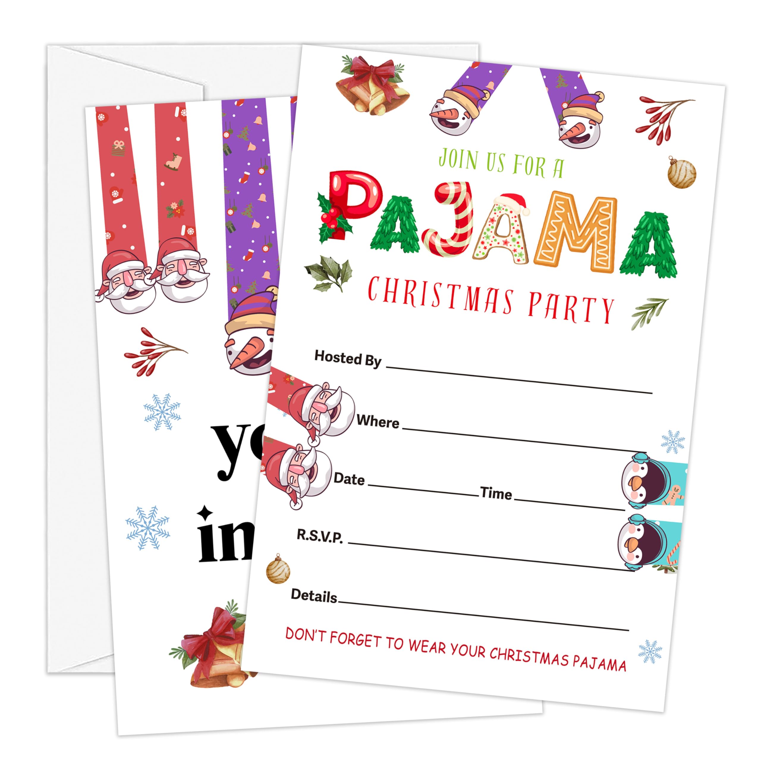 Beshoul Christmas Party Invitations with Envelopes (25-Count) - Pajamas Party Invite Cards for Bridal Shower Baby Shower Birthday Party Celebration Supplies - C08