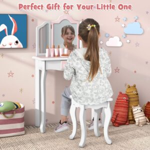 GLACER Kids Vanity Set, 2-in-1 Princess Makeup Table with Stool, Detachable Tri-fold Mirror and Large Drawer, Wooden Pretend Play Kids Vanity Table and Chair Set for Girls (Pink Snowflake Print)