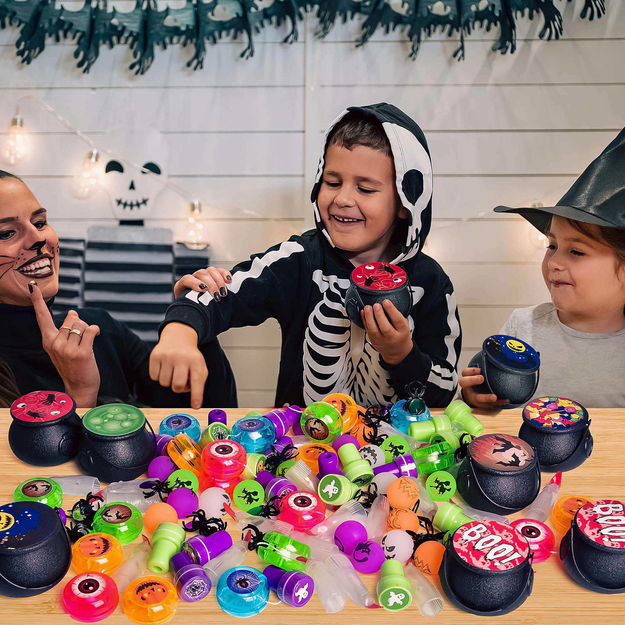 FUN LITTLE TOYS 24 Pack Prefilled Mini Plastic Witch Cauldron, Trick or Treat Toys in Bulk Small Halloween Buckets Pinata Prizes Gifts for Kids