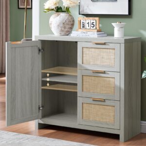 OAKHAM HOME Hampstead 3 Drawer Storage Cabinet Accent Storage Cabinet with Rattan Drawers, Buffet Kitchen Cabinet Sideboard Buffet with Adjustable Interior Shelves for Living Room, Hallway, Pale Oak