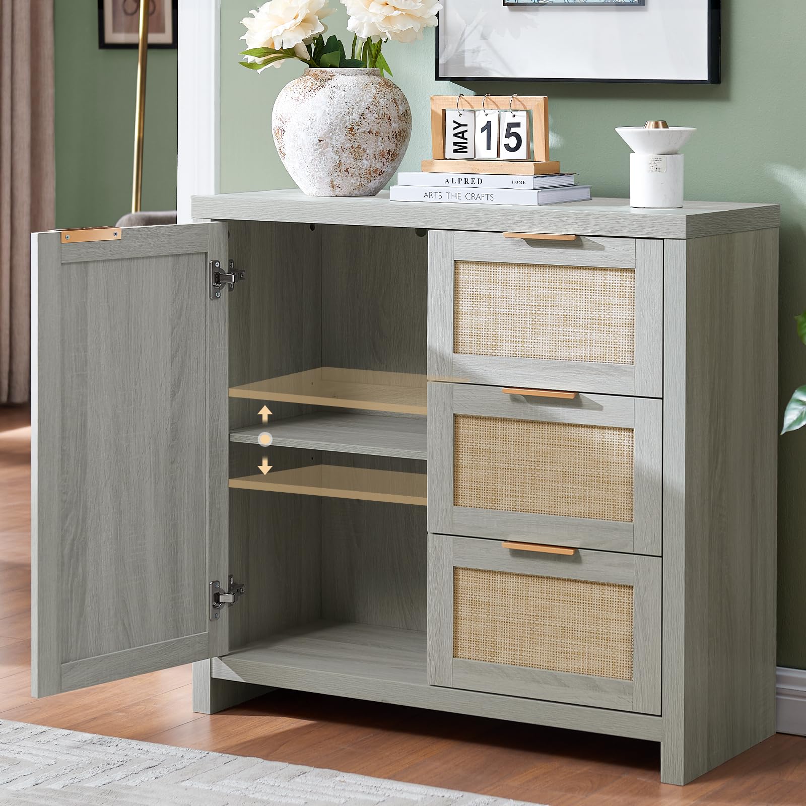 OAKHAM HOME Hampstead 3 Drawer Storage Cabinet Accent Storage Cabinet with Rattan Drawers, Buffet Kitchen Cabinet Sideboard Buffet with Adjustable Interior Shelves for Living Room, Hallway, Pale Oak