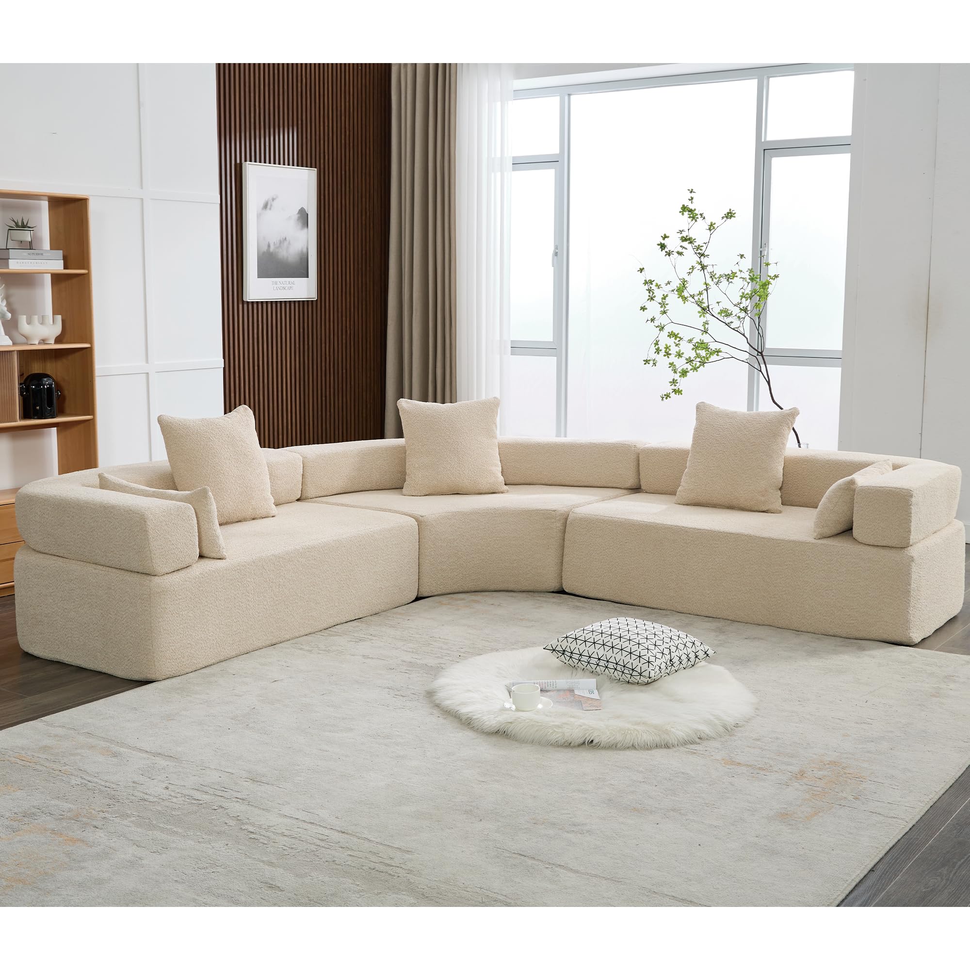 Oversize Modern Curved Sofa Couch for Living Room,Boucle Fabric Corner Cloud Sofa with 5 Pillows,Minimalist Style Comfy L Shape Couch,4 Seater,Khaki,Frameless