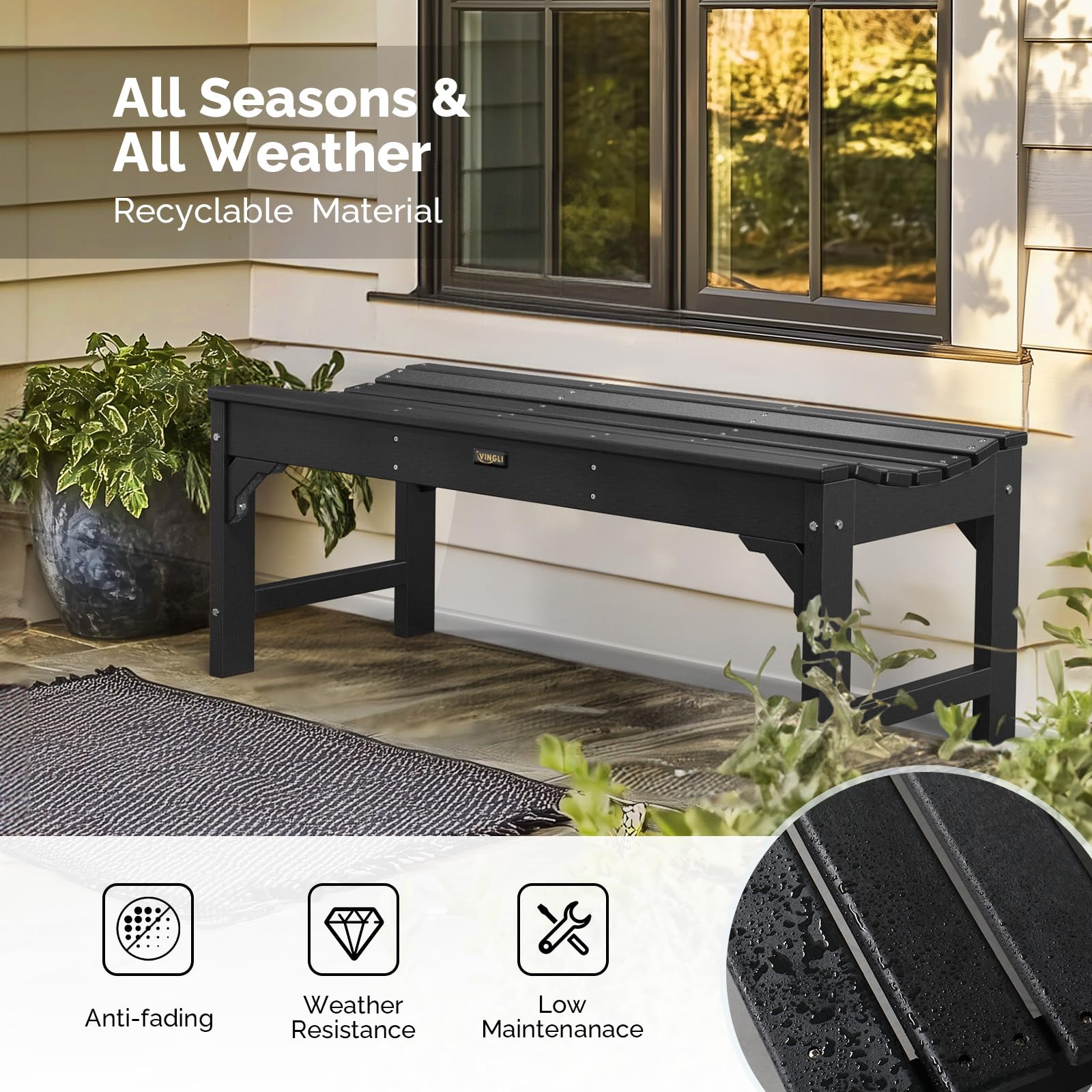 VINGLI Outdoor Bench Garden Bench HDPE Porch Bench, Poly Lumber Patio Bench, Oversized Park Bench All-Weather 800 lbs Weight Capacity (Black)