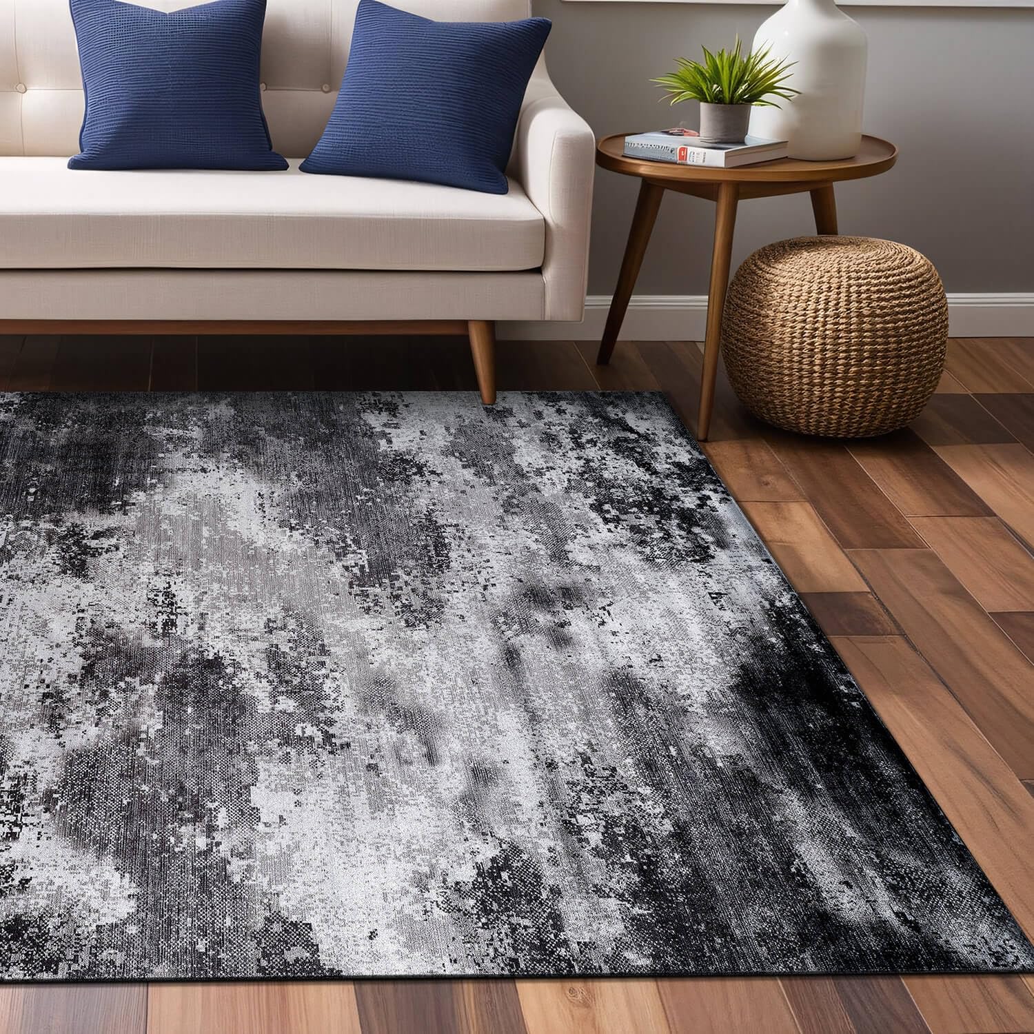 LuuL Home Non Slip Rugs 5x7 Modern Abstract Easy Silk Rubber Backing Soft Area Rug for Living Room Easy to Clean Non Shedding Kitchen for Bedroom Indoor Carpet (Gray - Black, 5x7)