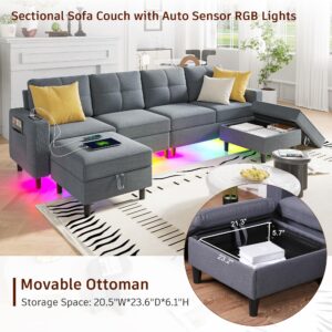 FOMNEY Sectional Couches for Living Room, LED Modular Sectional Sofa with Charging Station, 6 Seats U Shaped Couch with Storage, Ottomans, 6 Pieces Set Sectional Couch Grey Sofa Couch