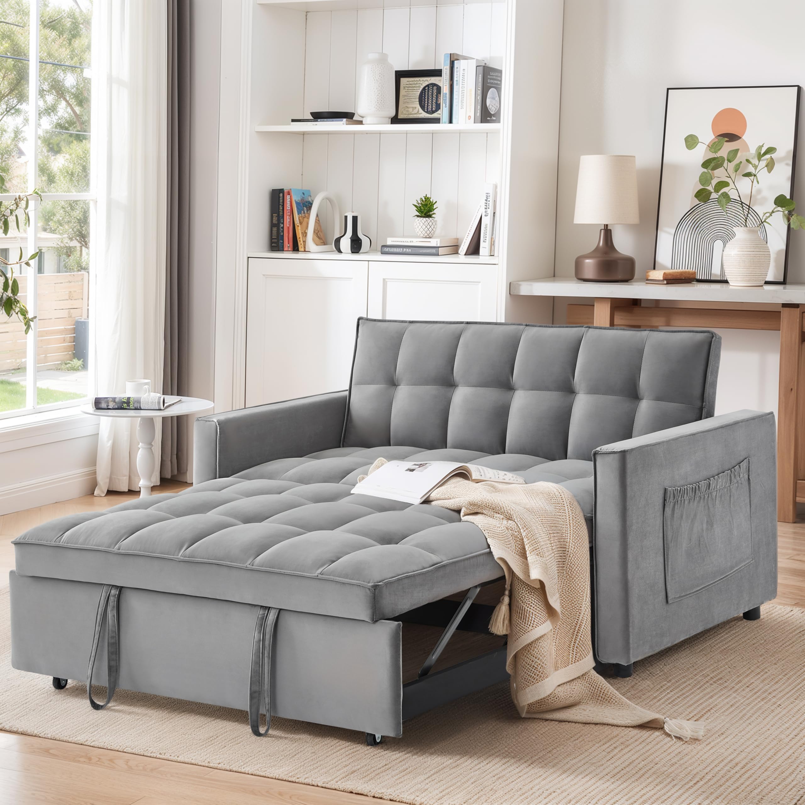 Gexpusm Pull Out Futon Sofa Bed, 55.3'' Convertible Loveseat Sleeper, 3-in-1, Velvet, Grey