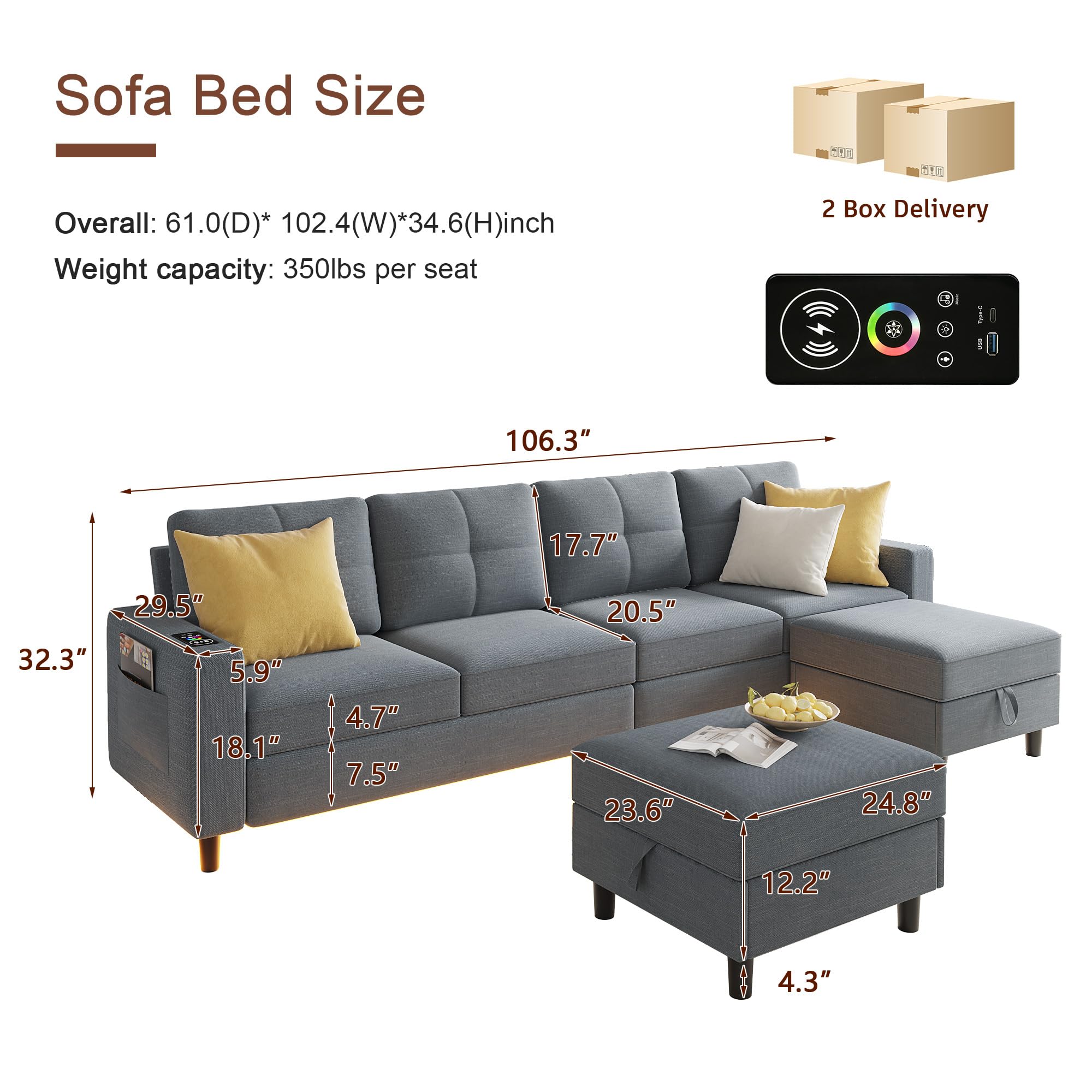 FOMNEY Sectional Couches for Living Room, LED Modular Sectional Sofa with Charging Station, 6 Seats U Shaped Couch with Storage, Ottomans, 6 Pieces Set Sectional Couch Grey Sofa Couch