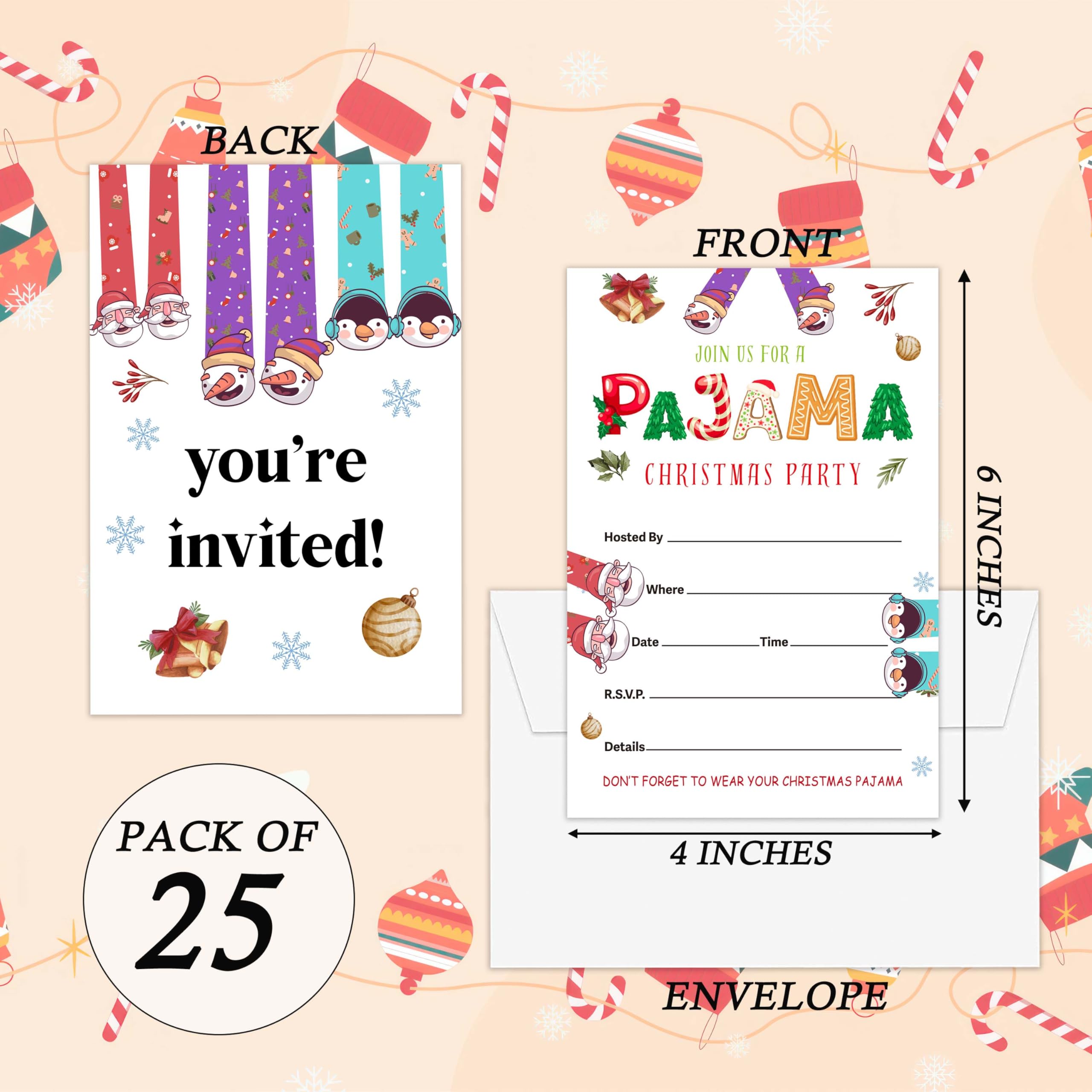 Beshoul Christmas Party Invitations with Envelopes (25-Count) - Pajamas Party Invite Cards for Bridal Shower Baby Shower Birthday Party Celebration Supplies - C08