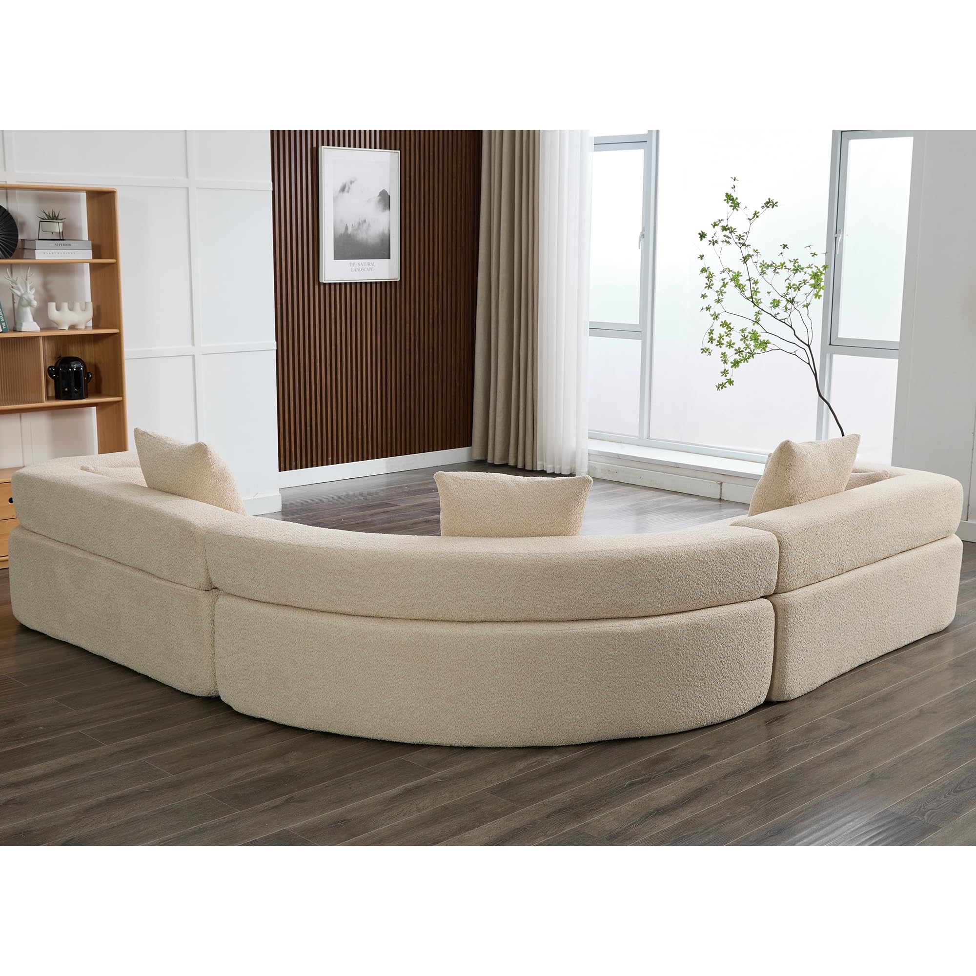 Oversize Modern Curved Sofa Couch for Living Room,Boucle Fabric Corner Cloud Sofa with 5 Pillows,Minimalist Style Comfy L Shape Couch,4 Seater,Khaki,Frameless