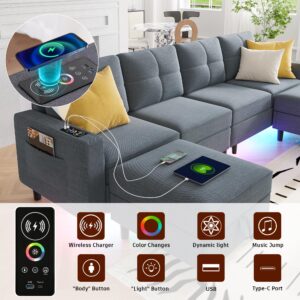 FOMNEY Sectional Couches for Living Room, LED Modular Sectional Sofa with Charging Station, 6 Seats U Shaped Couch with Storage, Ottomans, 6 Pieces Set Sectional Couch Grey Sofa Couch