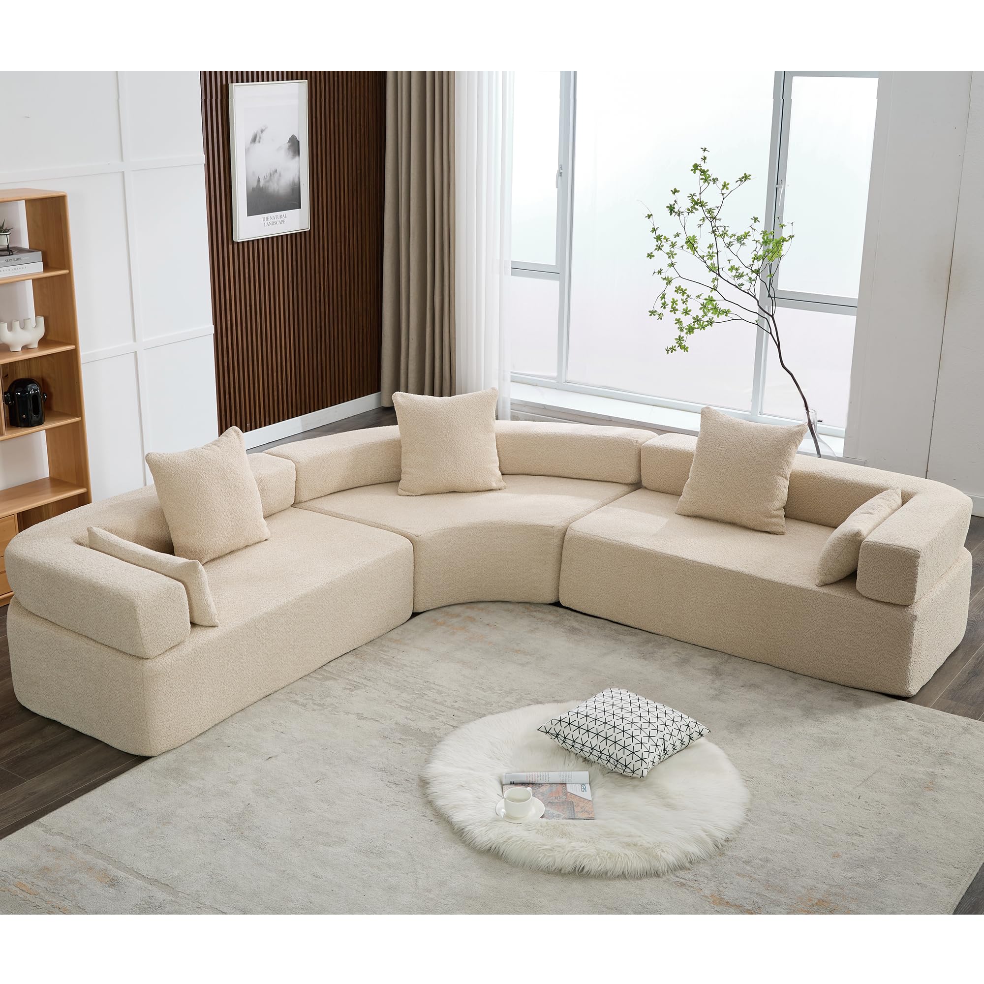 Oversize Modern Curved Sofa Couch for Living Room,Boucle Fabric Corner Cloud Sofa with 5 Pillows,Minimalist Style Comfy L Shape Couch,4 Seater,Khaki,Frameless