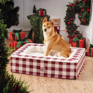 Tartan Cozy Dog Anti-Anxiety Calming Bed - Tartan Cozy Dog Anti-Anxiety Calming Bed - Christmas Classic Tartan Pet Bed - Extra Thick Removable Washable Cover Calming Dog Bed (Red, Medium)