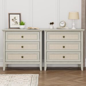 royalcraft white dresser for bedroom set of 2, boho tall dresser with 3 rattan decorated drawers, modern wood chest of drawers for closet, living room, hallway, entryway