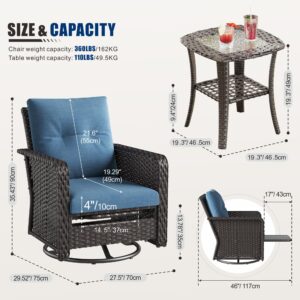 HWB 3 Piece Outdoor Patio Furniture Set Padded Rocking Chair with Retractable Footrest, Bistro Table and Chairs Set of 2, Swivel Glider Rocker Chair Couch with Cushions for Front Porch Balcony Garden