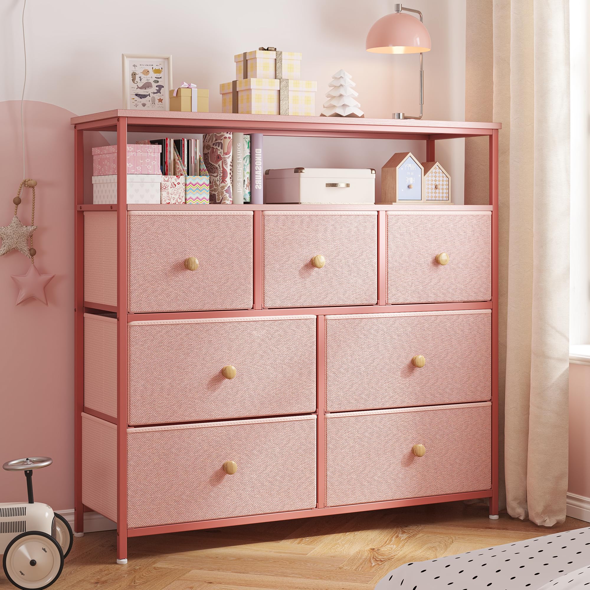 EnHomee Pink Dresser for Bedroom Dresser with 7 Drawers & 2 Shelves,Fabric Dressers & Chests of Drawers for Room, Closet,Lightweight