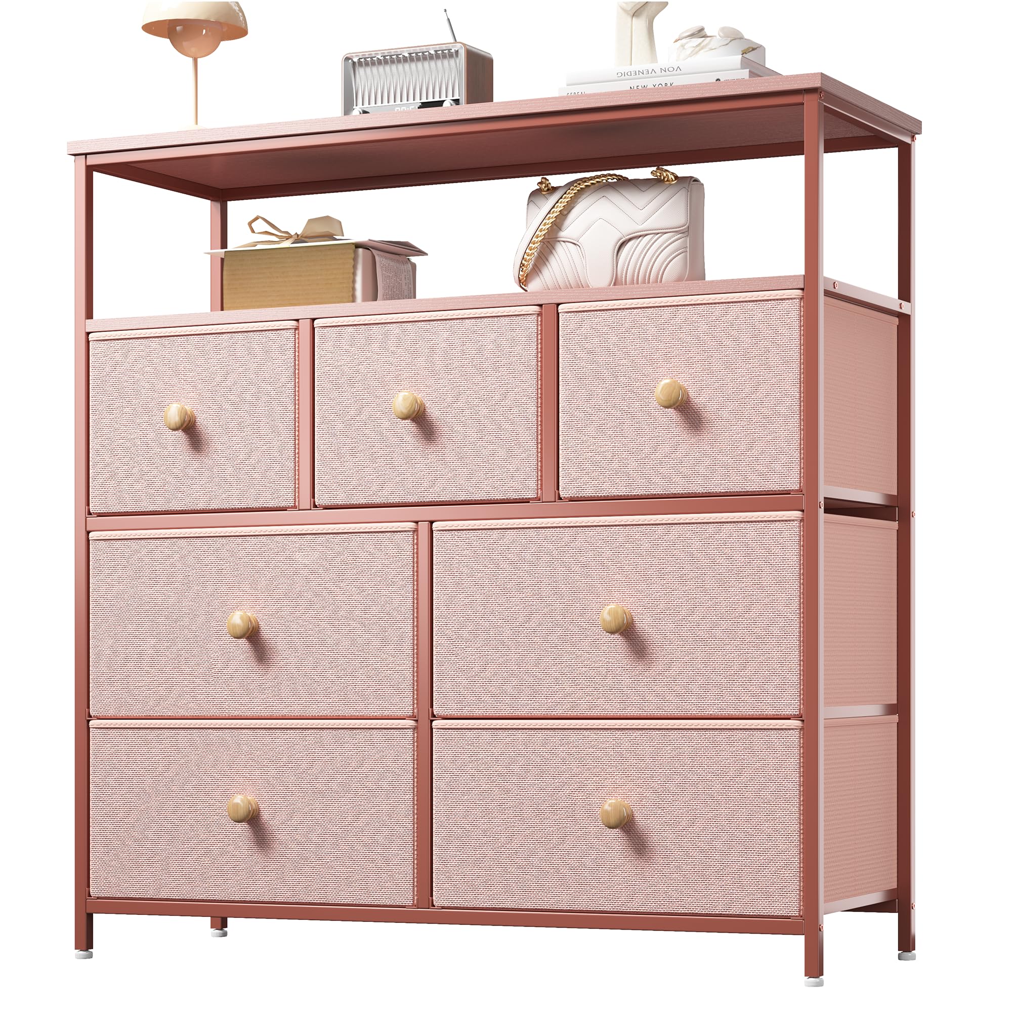 EnHomee Pink Dresser for Bedroom Dresser with 7 Drawers & 2 Shelves,Fabric Dressers & Chests of Drawers for Room, Closet,Lightweight