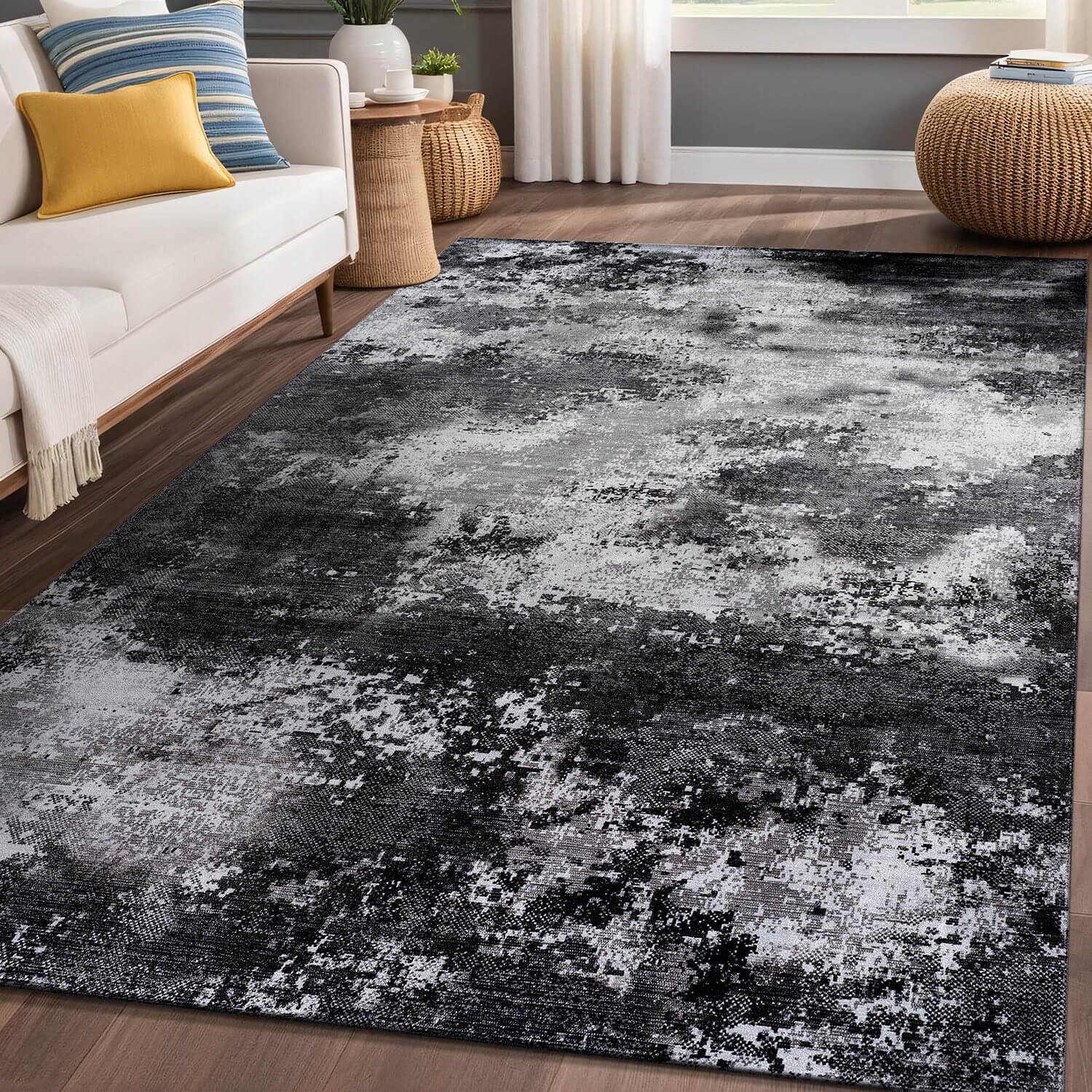 LuuL Home Non Slip Rugs 5x7 Modern Abstract Easy Silk Rubber Backing Soft Area Rug for Living Room Easy to Clean Non Shedding Kitchen for Bedroom Indoor Carpet (Gray - Black, 5x7)