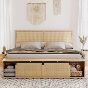 garveehome natural rattan full size bed frame with sliding barn door storage cabinets and headboard, boho farmhouse wood platform bed with solid wood legs support, no box spring needed