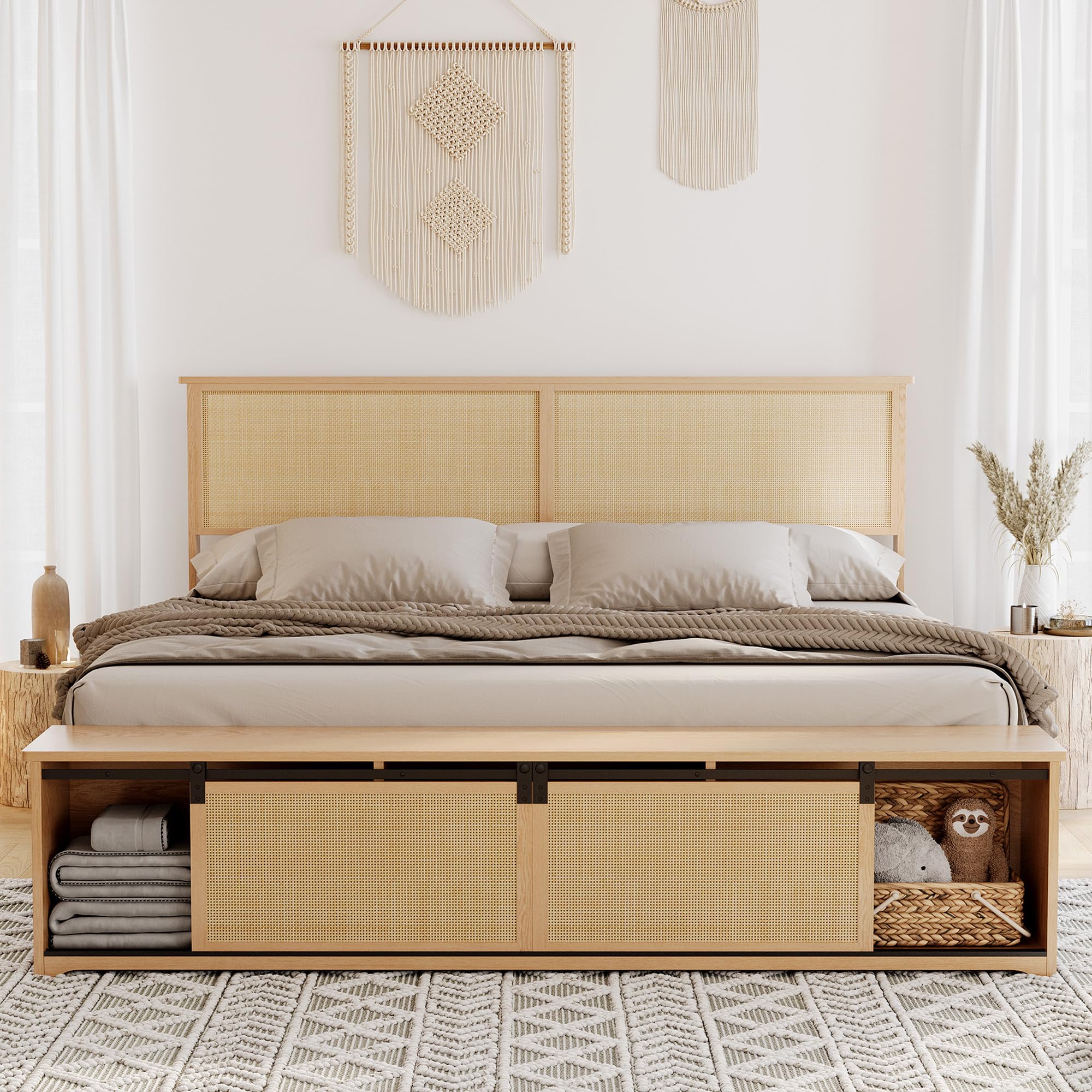 GarveeHome Natural Rattan Queen Size Bed Frame with Sliding Barn Door Storage Cabinets and LED Light Headboard, Boho Farmhouse Wood Platform Bed with Solid Wood Legs Support, No Box Spring Needed