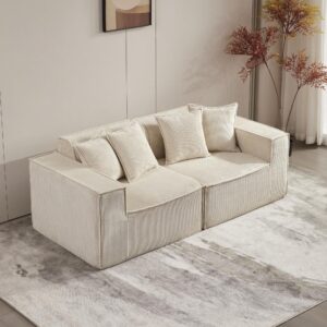 Yogald 78.74" Modern Minimalist Floor Loveseat Sofa, No Assembly Needed, Comfy Upholstered Small Couch, Compression Sofa for Living Room, Apartment, Studio, or Office (Corduroy Beige)