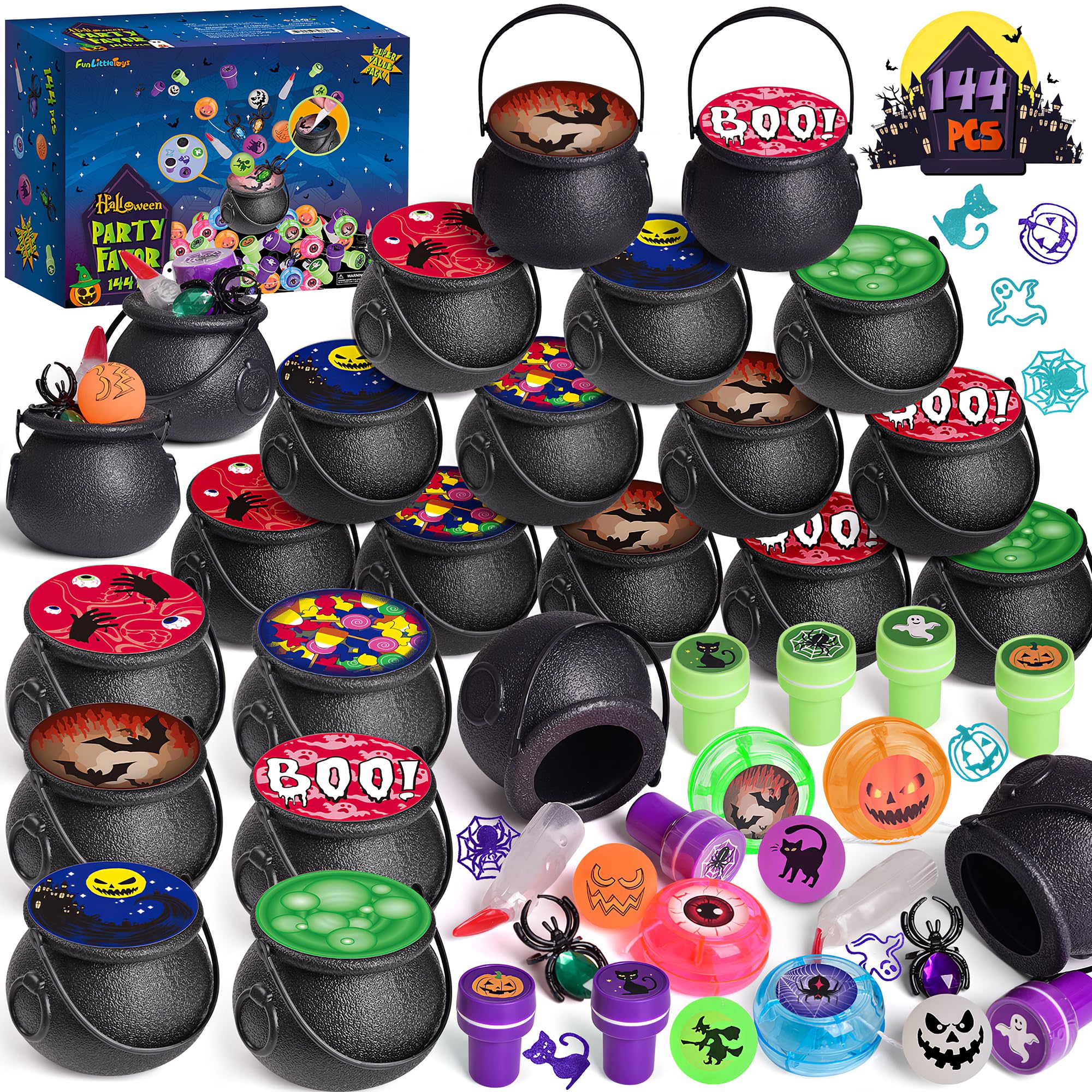 FUN LITTLE TOYS 24 Pack Prefilled Mini Plastic Witch Cauldron, Trick or Treat Toys in Bulk Small Halloween Buckets Pinata Prizes Gifts for Kids