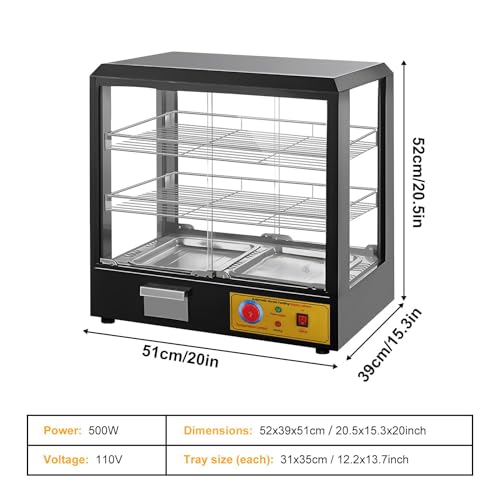 Food Pizza Warmer, 3-Tier Electric Food Warmer Commercial Countertop with Lighting and Glass Door, 500w Commercial Electric Warmer Display for Restaurant Small Heated Warming Box