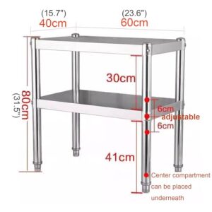 Stainless Steel Workbench Sturdy and Stable Floor Standing Shelves Kitchen Metal Table Commercial Prep Table Multi-Functional Open Shelves(60x40x80cm)