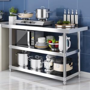 Stainless Steel Work Table Kitchen Stovetop Casework Organizer Storage Rack Commercial Prep Table Large Storage Three Tier Metal Table with Solid Construction(60x40x80cm)