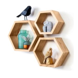 wall mounted hexagon shelves – set of 3 floating wood farmhouse storage racks, wall display shelf set, rustic home decor, hanging wooden storage for living room, bedroom, kitchen, office, or entryway