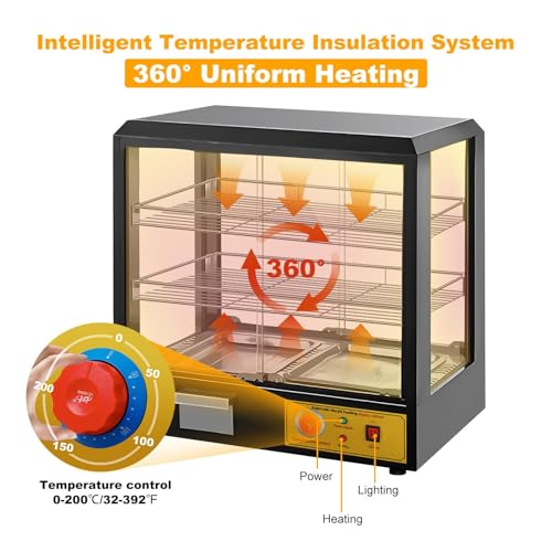 Food Pizza Warmer, 3-Tier Electric Food Warmer Commercial Countertop with Lighting and Glass Door, 500w Commercial Electric Warmer Display for Restaurant Small Heated Warming Box