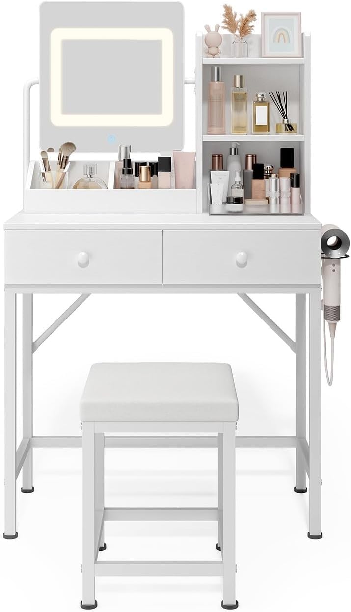 Gizoon Vanity Desk with Mirror and Lights Makeup Vanity Desk with Lights and Chair Small Vanity Table with Drawers for Girls Kids and Women in Bedroom Bathroom and Closet Room, White