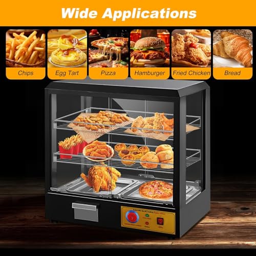 Food Pizza Warmer, 3-Tier Electric Food Warmer Commercial Countertop with Lighting and Glass Door, 500w Commercial Electric Warmer Display for Restaurant Small Heated Warming Box