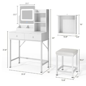 Gizoon Vanity Desk with Mirror and Lights Makeup Vanity Desk with Lights and Chair Small Vanity Table with Drawers for Girls Kids and Women in Bedroom Bathroom and Closet Room, White