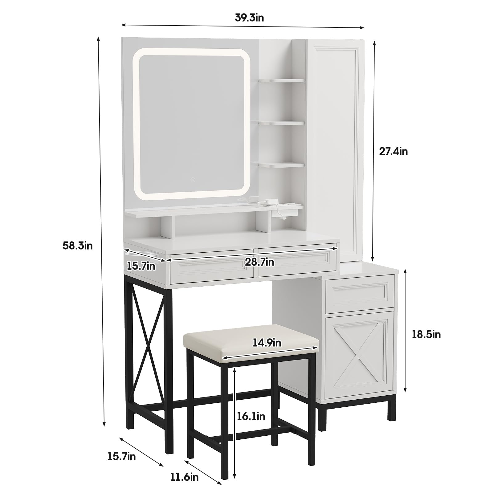 Maupvit Vanity Desk with HD LED Mirror,White Vanity with Large Jewelry Cabinet,Lots Storage Shelves,3 Drawers & Cabinets,Vanity with Charging Station,3 Lighting Modes, Brightness Adjustable