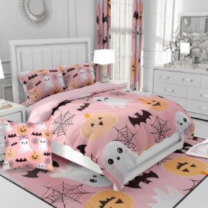 Erosebridal Pink Halloween Duvet Cover King, Pumpkin Lantern Bedding Set for Kids Girls, Cartoon Ghost Bat Comforter Cover Gothic Spooky Spider Web Bed Set Halloween Decoration with 2 Pilow Cases